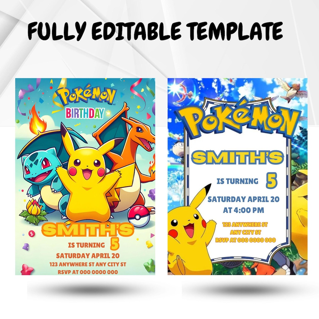 Editable Pokemon Card Invitation, Pokemon Birthday Invitation, Pikachu ...