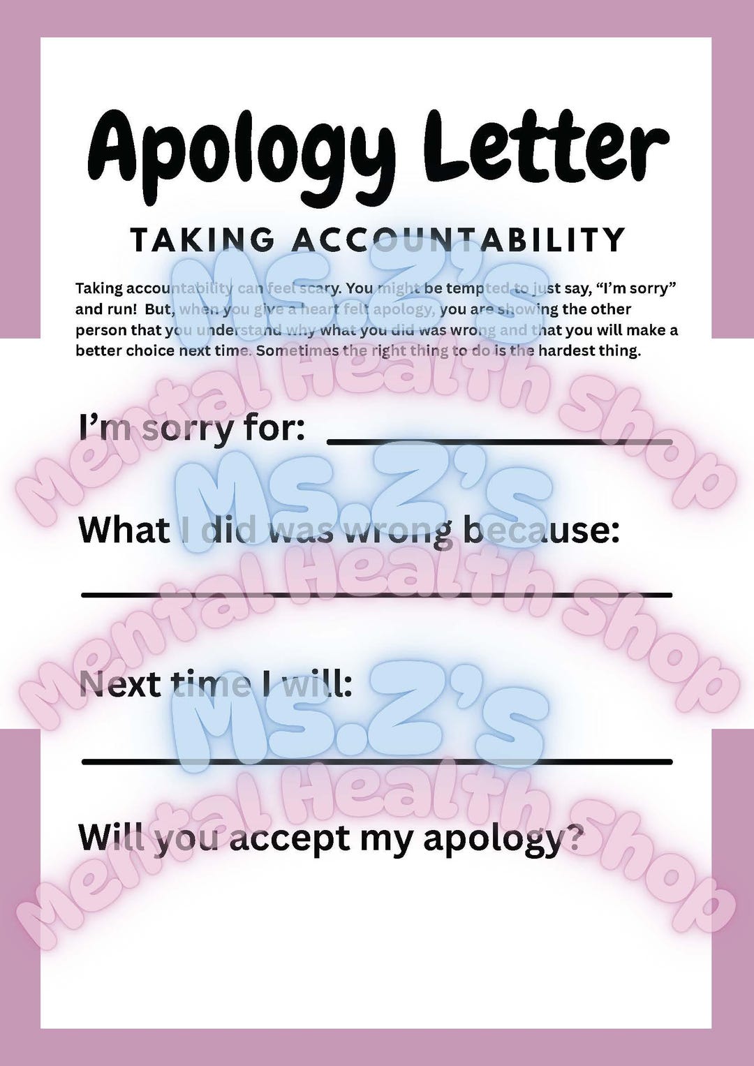 Apology Letter for Kids Counseling Therapy Parenting Printable - Etsy