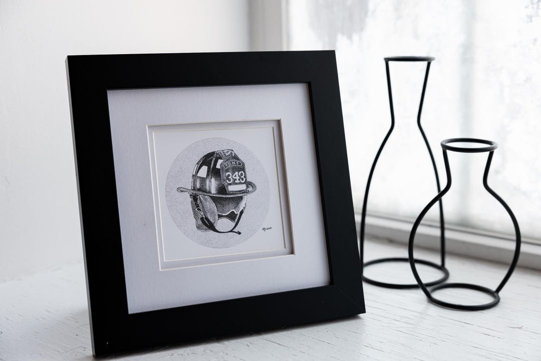 Firefighter Helmet Pointillism Art Print - Stipple Ink Drawing ...