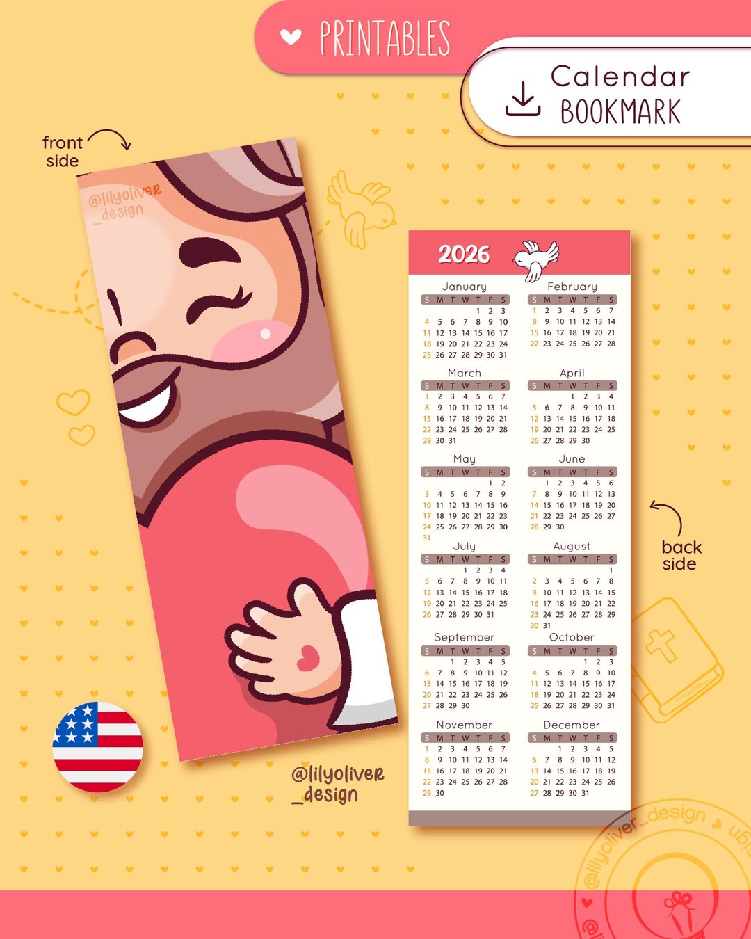 2026 Printable Calendar Bookmark - Jesus Illustration, Christian Gift ...
