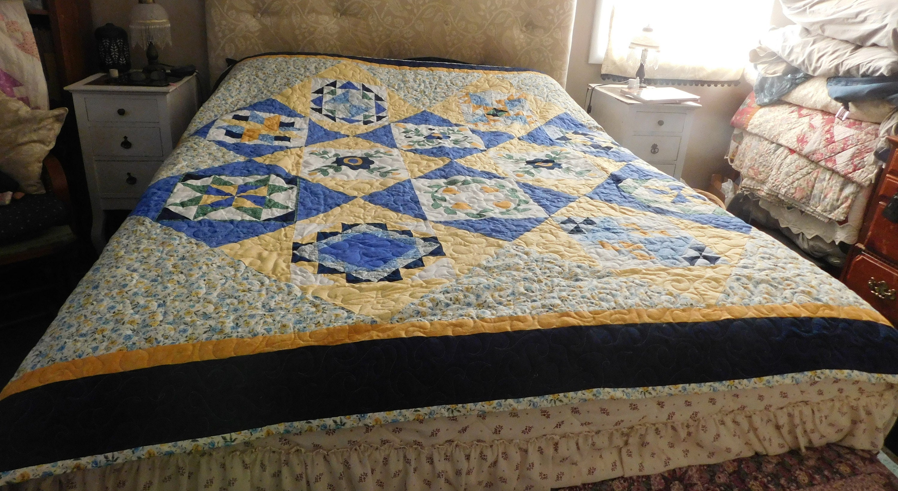 Queen Size Blue Century Quilt, Green, Yellow, Applique, Queen, Hand ...