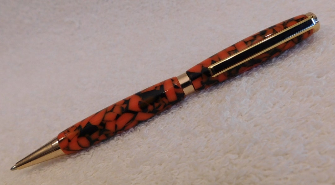 Handmade Black & Orange Crushed Acrylic Slimline Pen in Gold Hardware ...