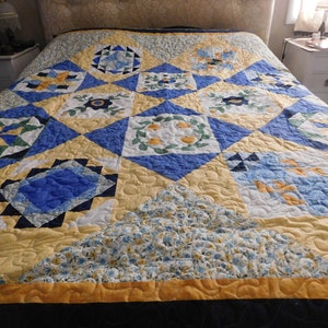 Queen Size Blue Century Quilt, Green, Yellow, Applique, Queen, Hand ...