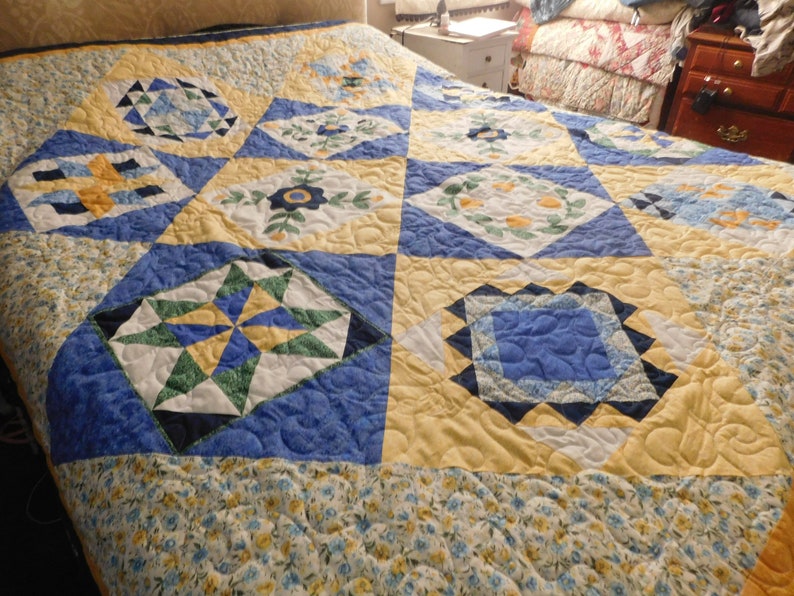 Queen Size Blue Century Quilt, Green, Yellow, Applique, Queen, Hand ...
