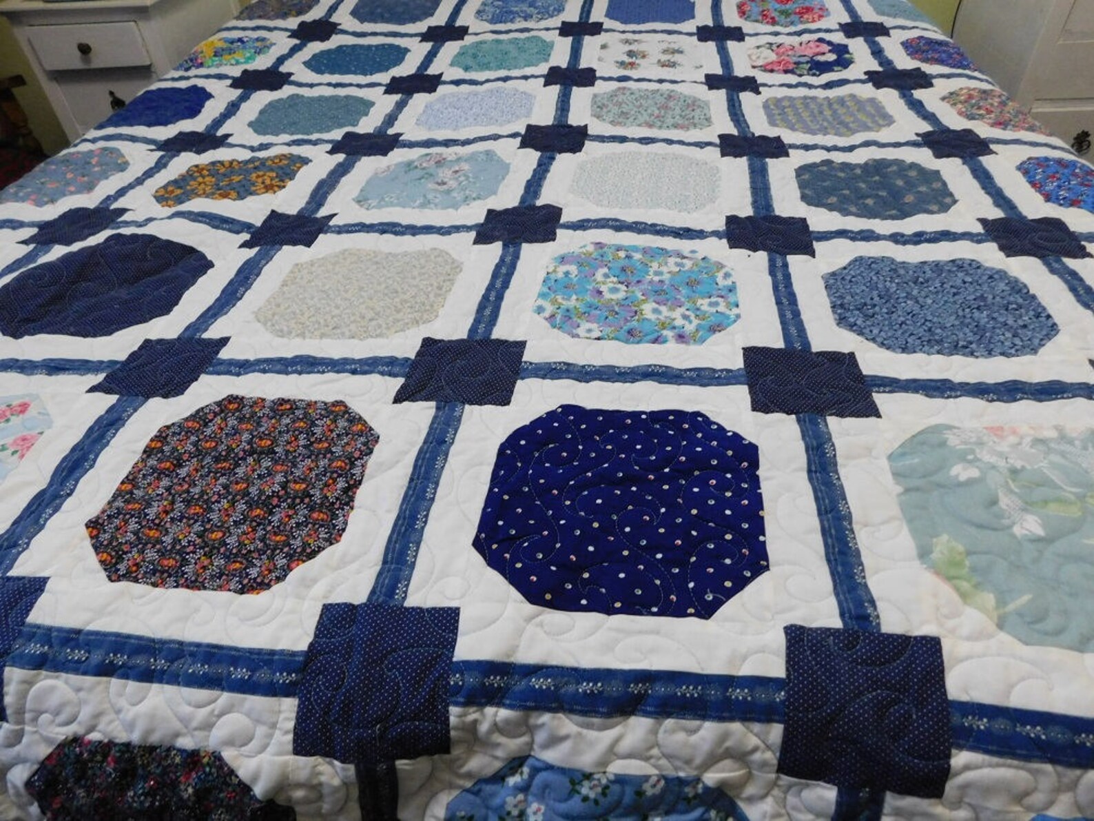 Hexagons in Blue Quilt, Handmade Quilt, Unique Gifts, Bed Accessory ...