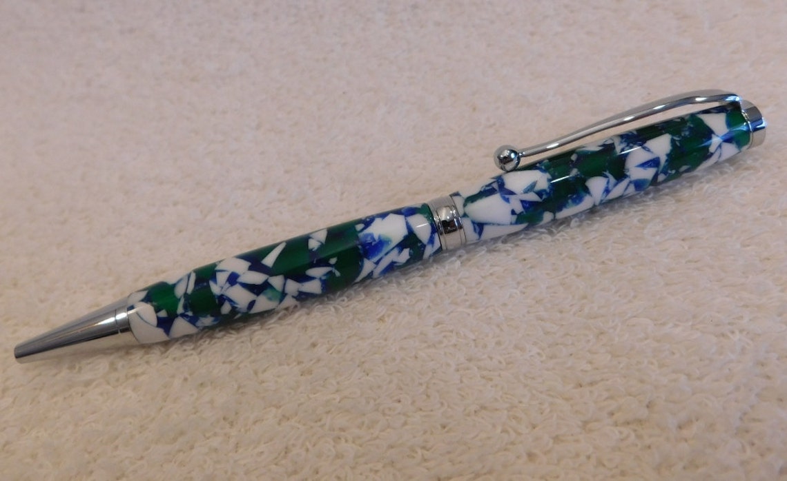 Handmade Green, Blue, & White Crushed Acrylic Slimline Pen With Chrome ...