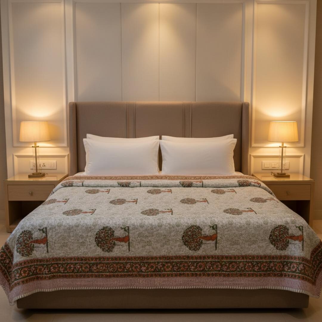 Double Double-sided Block Printed Cotton Comforter With Tree and Border ...
