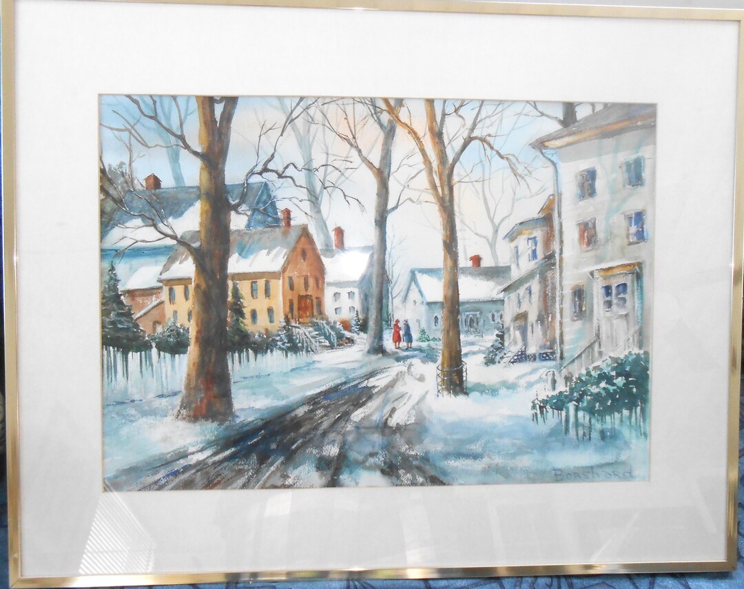 Vintage Mary Borshard Winter Street Scene Metallic Gold Framed ...