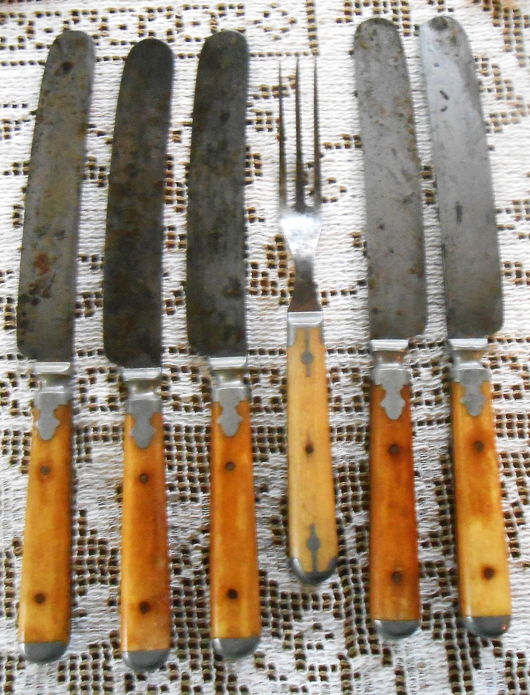 Antique 6pc Flatware Pewter Inlay & Horn Handle Carbon Steel Knives ...