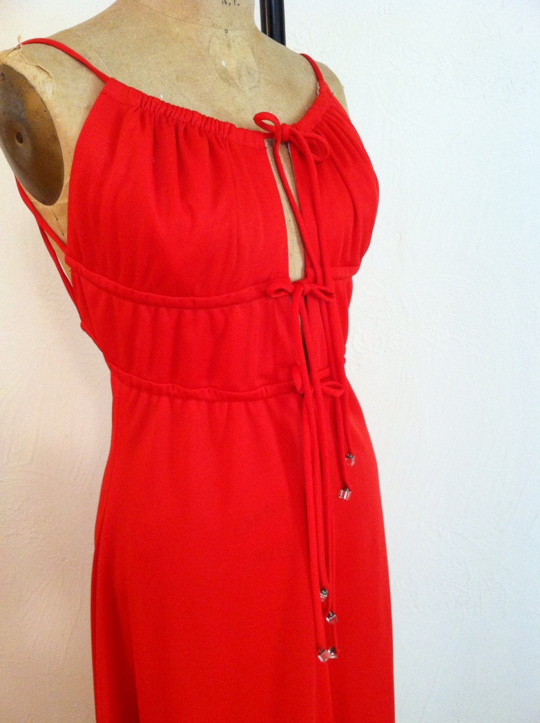 Clear Glass Beads Drip From Bodice Ties in This Bright Red Vintage JACK ...