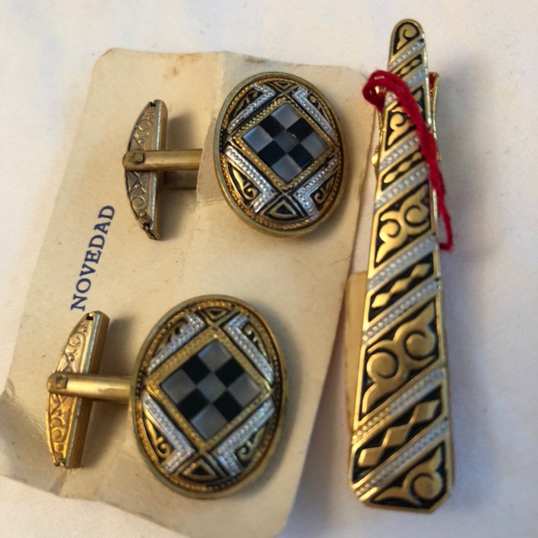 Checker Board Faux MOP Vintage DAMASCENE Cufflinks and Tie Clip NOS - Etsy