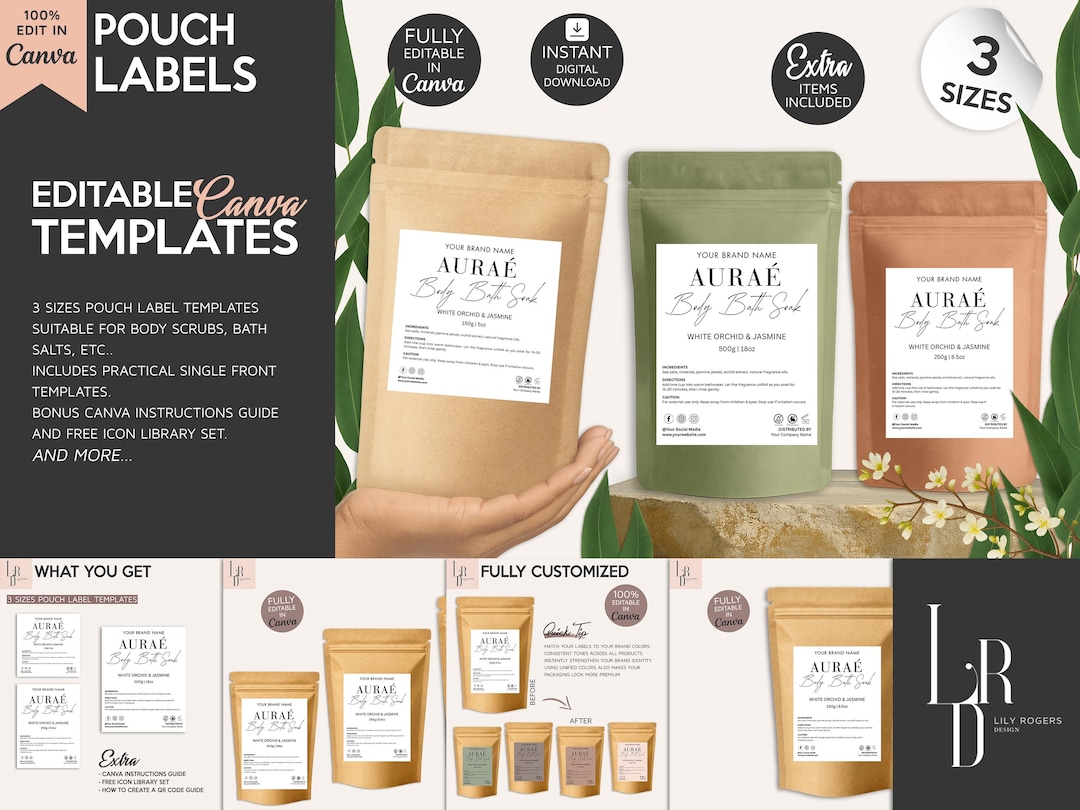 Pouch Label Templates for Canva, DIY Bath Salts Label, Custom Pouch ...