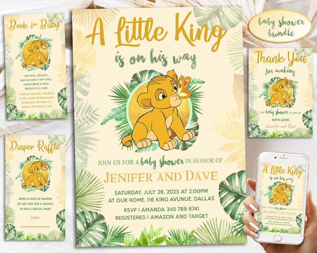 Simba Baby Shower Invitation, Personalized Lion King Baby Shower Bundle ...