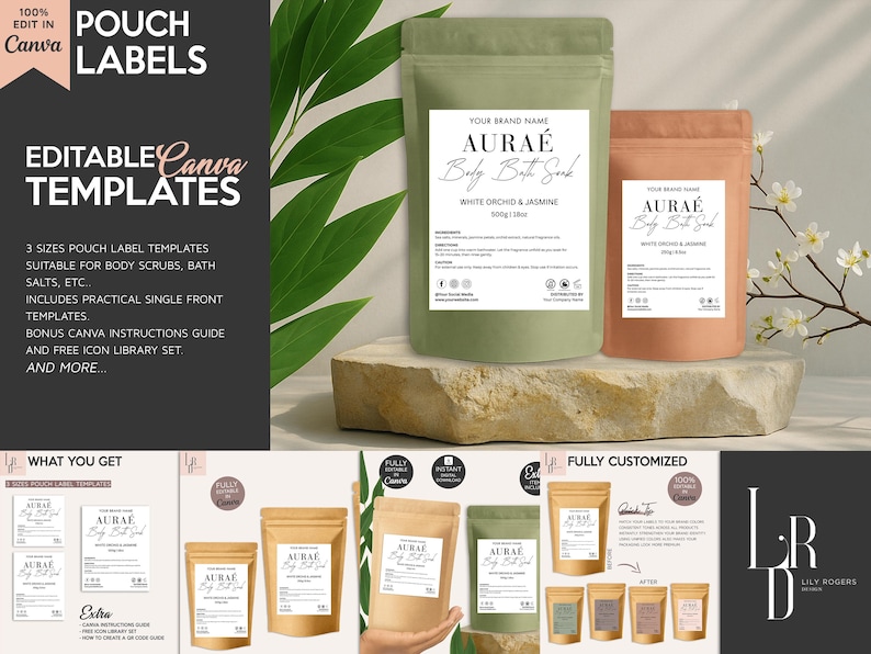 Pouch Label Templates for Canva, DIY Bath Salts Label, Custom Pouch ...
