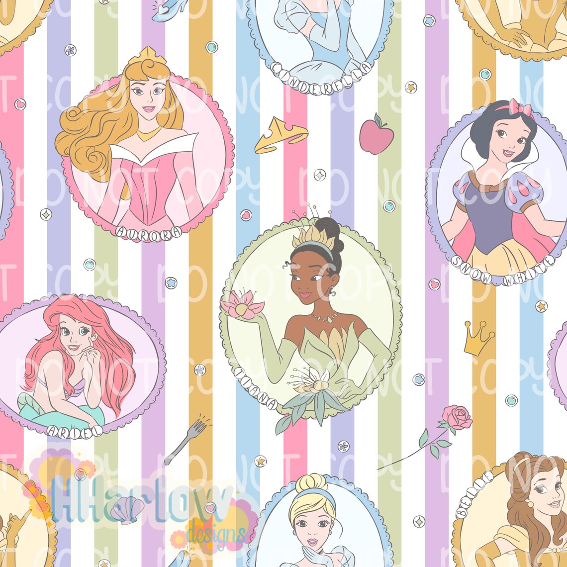 Magical Princesses Portraits Pastel Stripe Seamless Pattern 15x15 300 ...