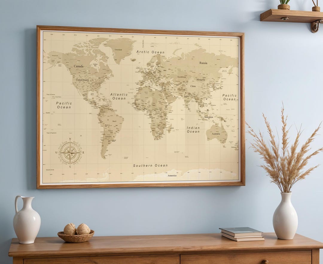 Vintage Sepia World Map Print | Antique Style Decor | Travel Wall Art ...