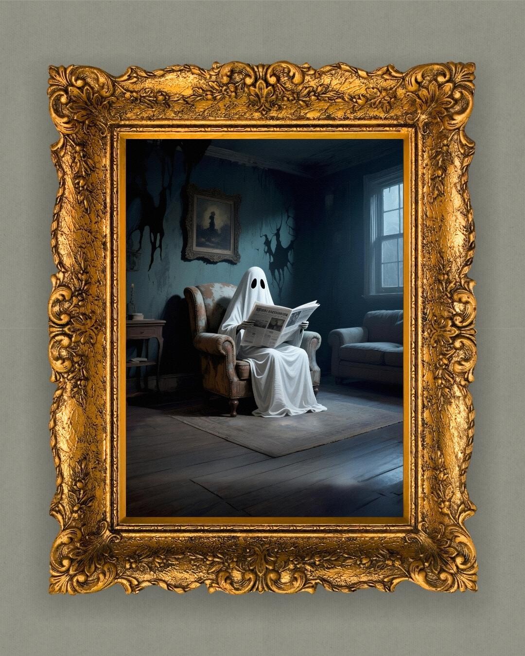 Funny Ghost Reading Newspaper Art Print – Spooky Halloween Wall Decor ...