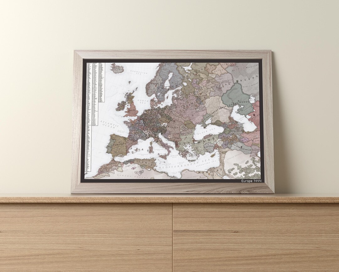 Europe 1444 History Map Print, Medieval Ottoman Empire, Gaming Wall Art ...