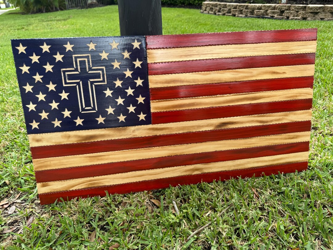 Handmade Wooden American Flag - Gift - Engraved - Cross - Christian ...