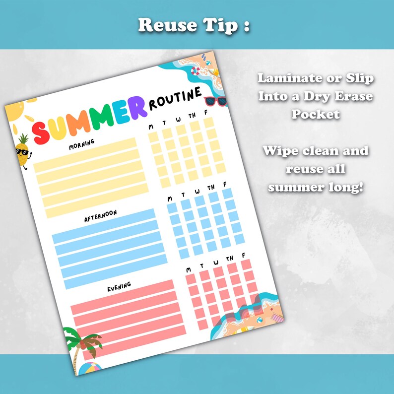 Printable Summer Routine Chart for Kids Daily Chore Chart for Children ...