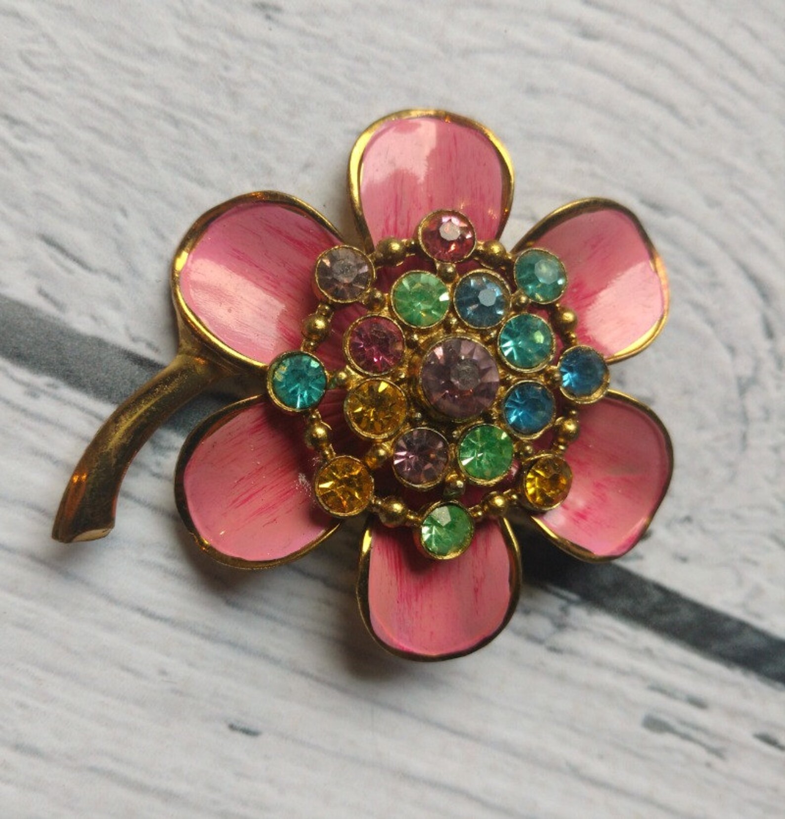Vintage Pink Flower Pin Large Flower Pin Rhinestone Flower Brooch Pink ...
