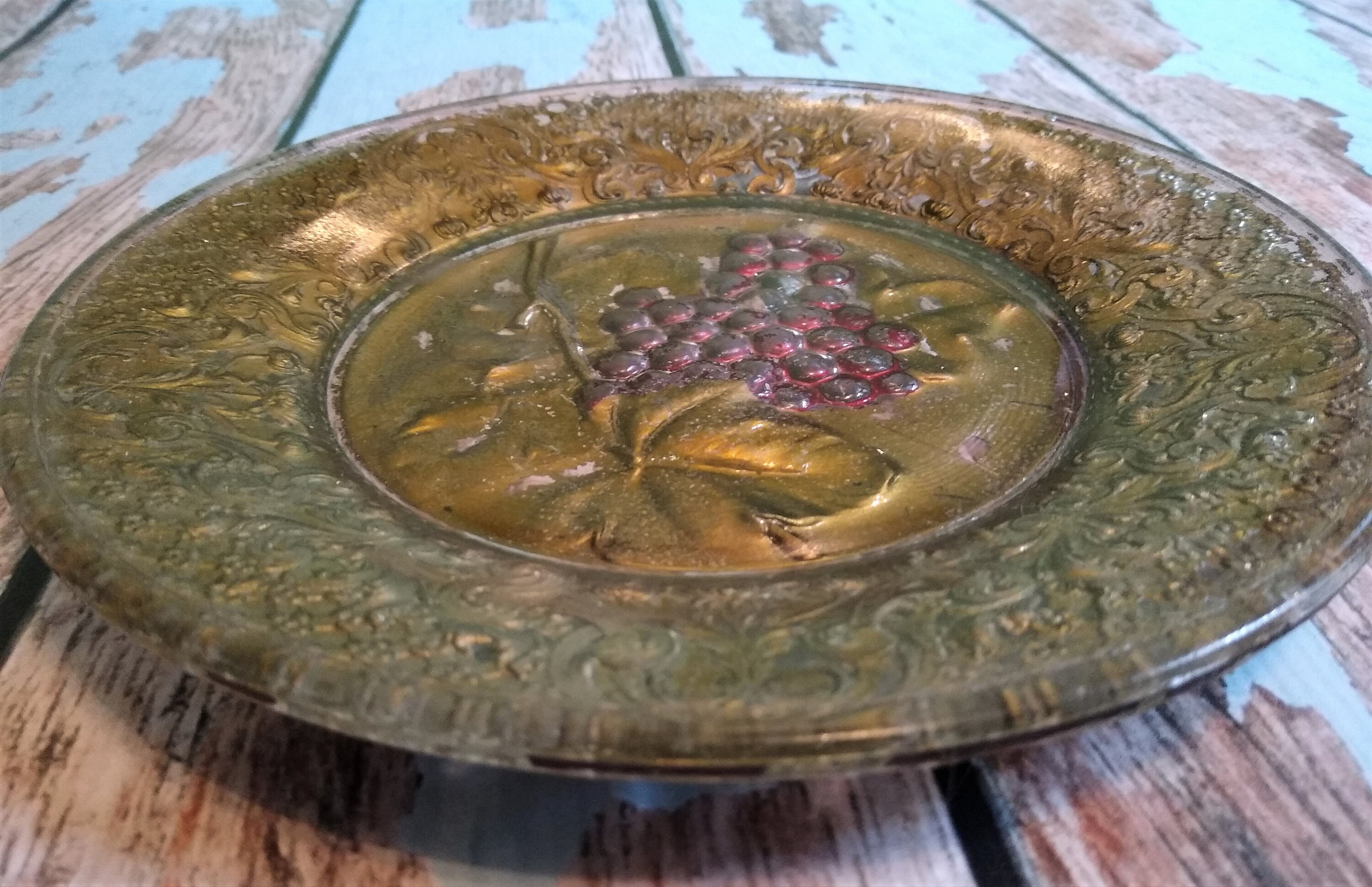 Vintage Goofus Glass Plate - Gold Red Grapes - Pressed Glass Plate ...