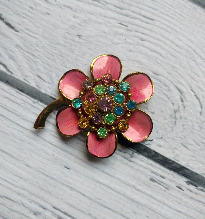 Vintage Pink Flower Pin Large Flower Pin Rhinestone Flower Brooch Pink ...