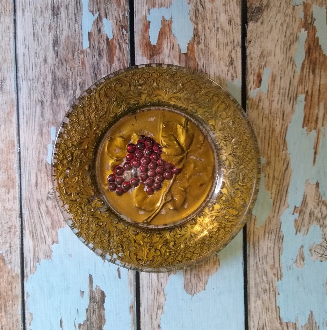 Vintage Goofus Glass Plate - Gold Red Grapes - Pressed Glass Plate ...