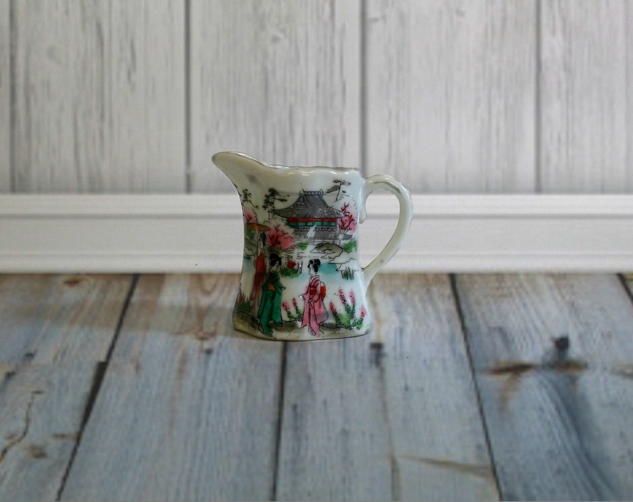 Vintage Japanese Geisha Porcelain Pitcher Pink Green White Asian ...