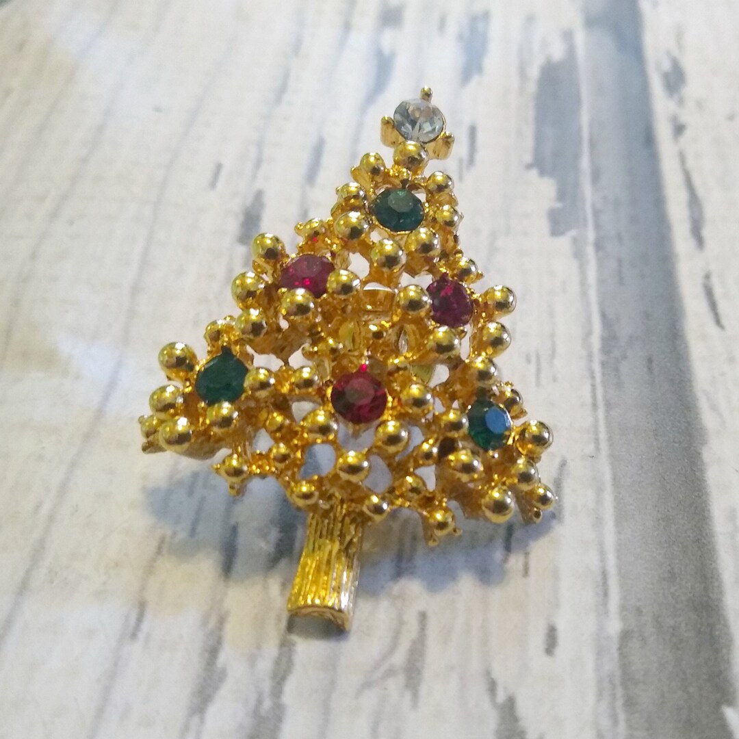 Vintage Gold Christmas Tree Pin - Christmas Tree Brooch - Red Green ...