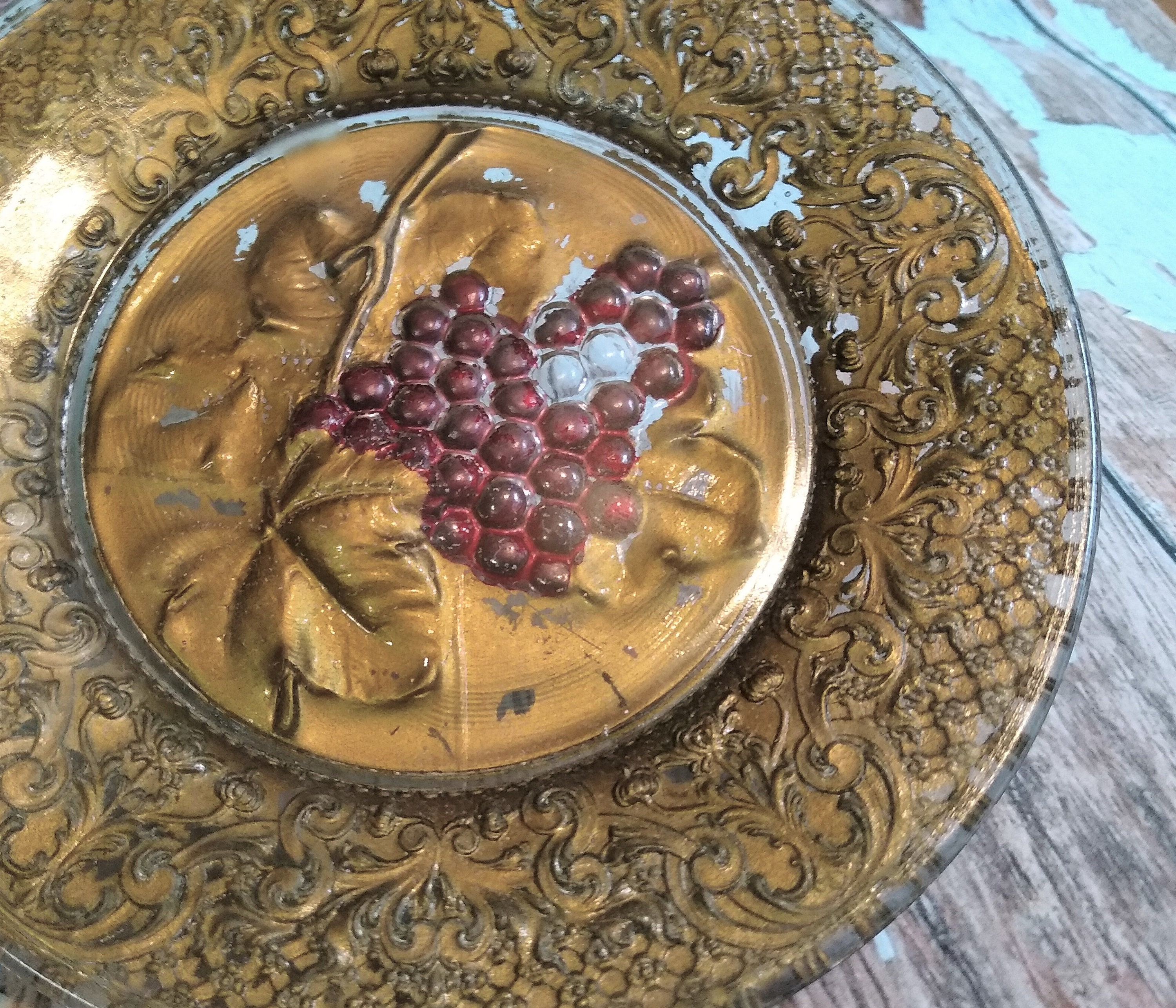 Vintage Goofus Glass Plate - Gold Red Grapes - Pressed Glass Plate ...