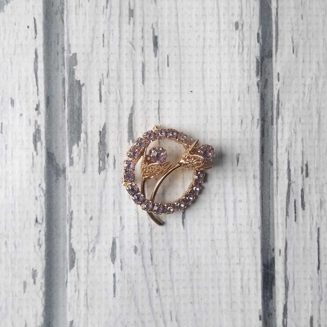 Vintage 1060s Gold Rhinestone Circle Pin With Flowers - Round ...