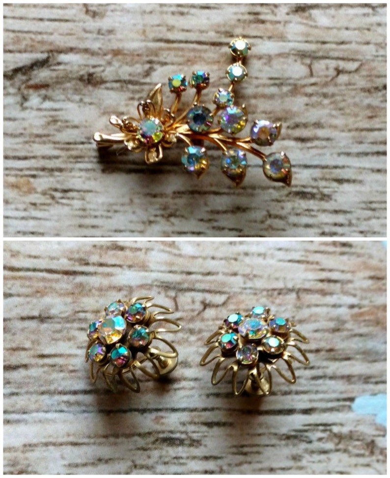 Vintage AB Rhinestone Jewelry Set Rhinestone Pin and Earring - Etsy