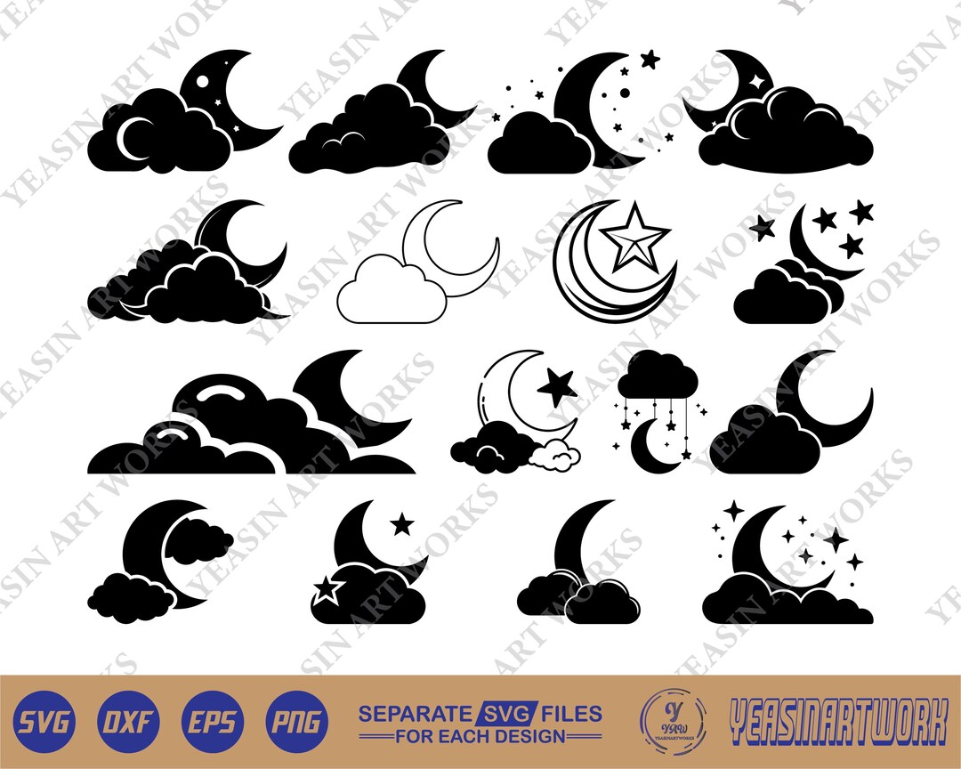 Moon Stars Clouds SVG, Moon Stars Clouds Vector, Silhouette, Cricut ...