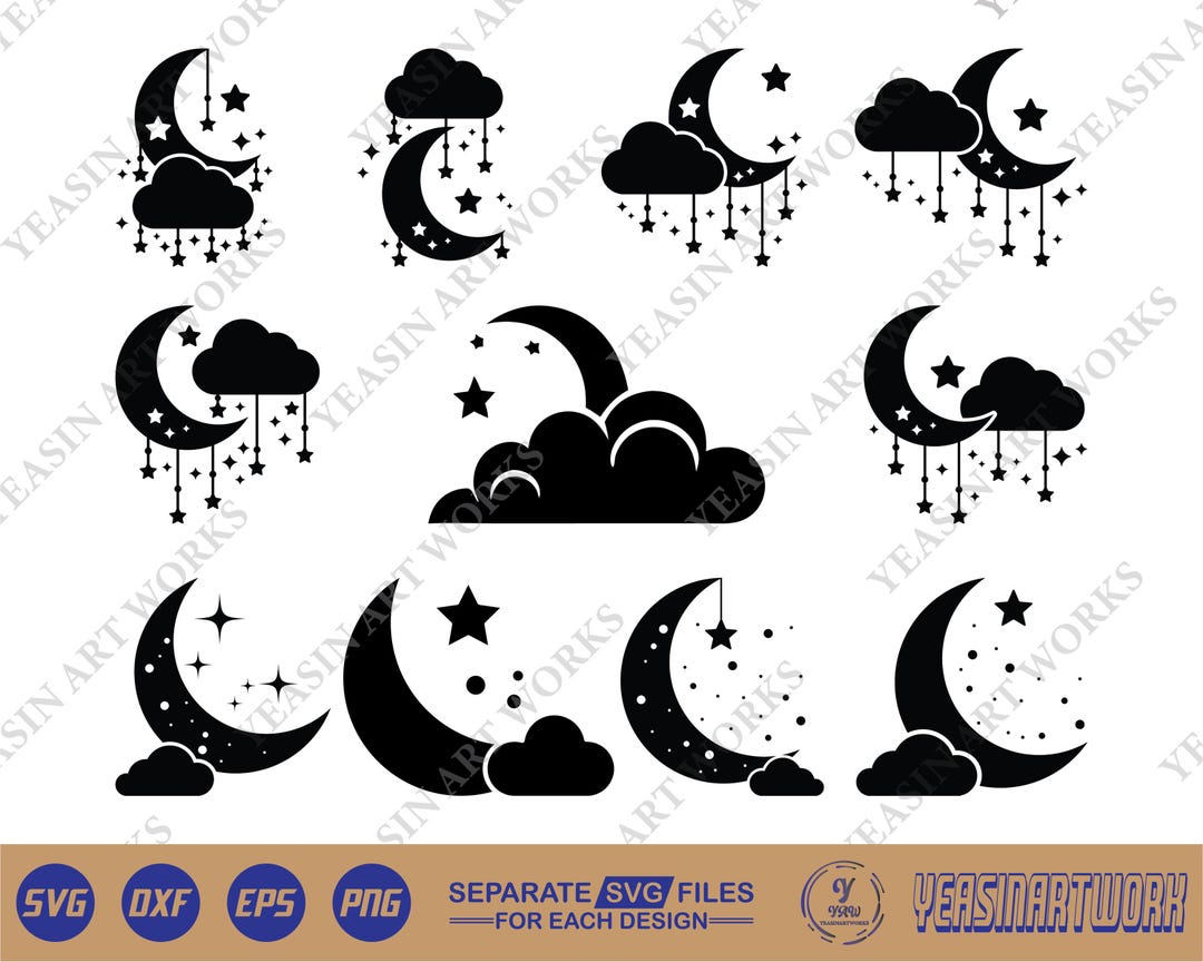 Moon Stars Clouds SVG, Moon Stars Clouds Vector, Silhouette, Cricut ...
