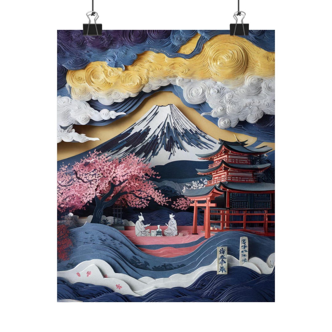 Van Gogh Meets Japan Artistic Fuji & Sakura Print, Matte Vertical ...