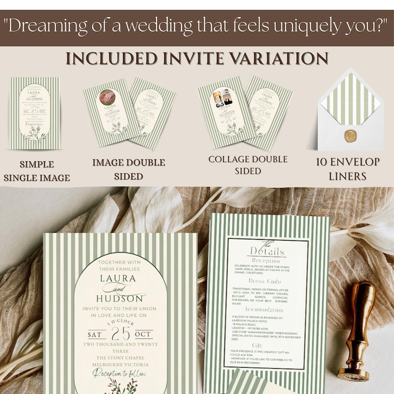 Green Stripe Wedding Invitation Suite, Editable Template (digital ...
