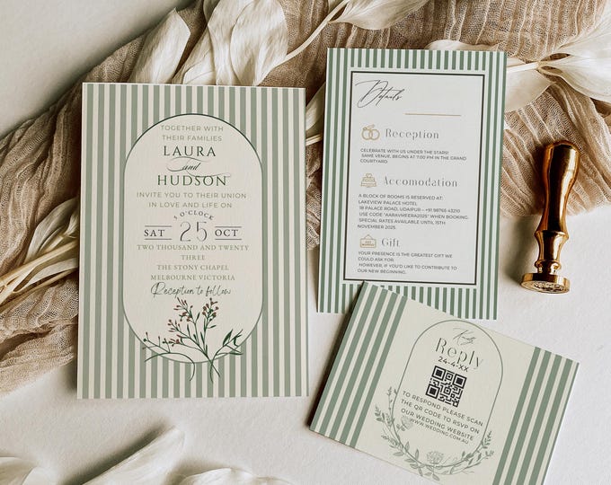 Green Stripe Wedding Invitation Template Suite, Editable RSVP & Details ...