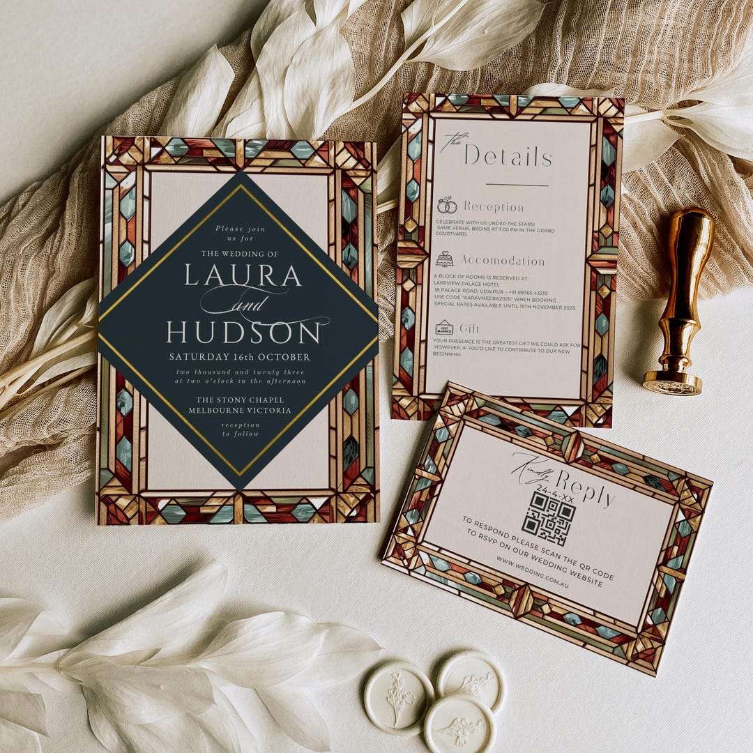 Stained Glass Wedding Invitation Template: Vintage RSVP Card (digital ...