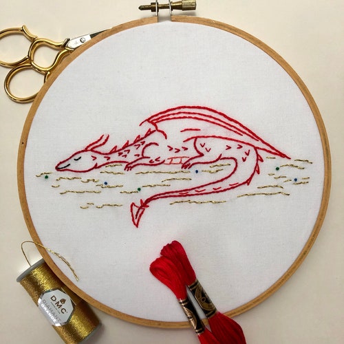 Hand Embroidered Dragon and Roses Hand Embroidery Wall Art PDF - Etsy