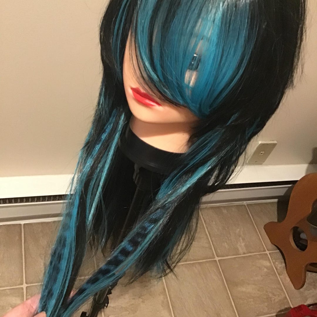 Emo Scene Goth Wig Black Teal Blue Racoon Tail Wolf Cut Mullet Shag - Etsy