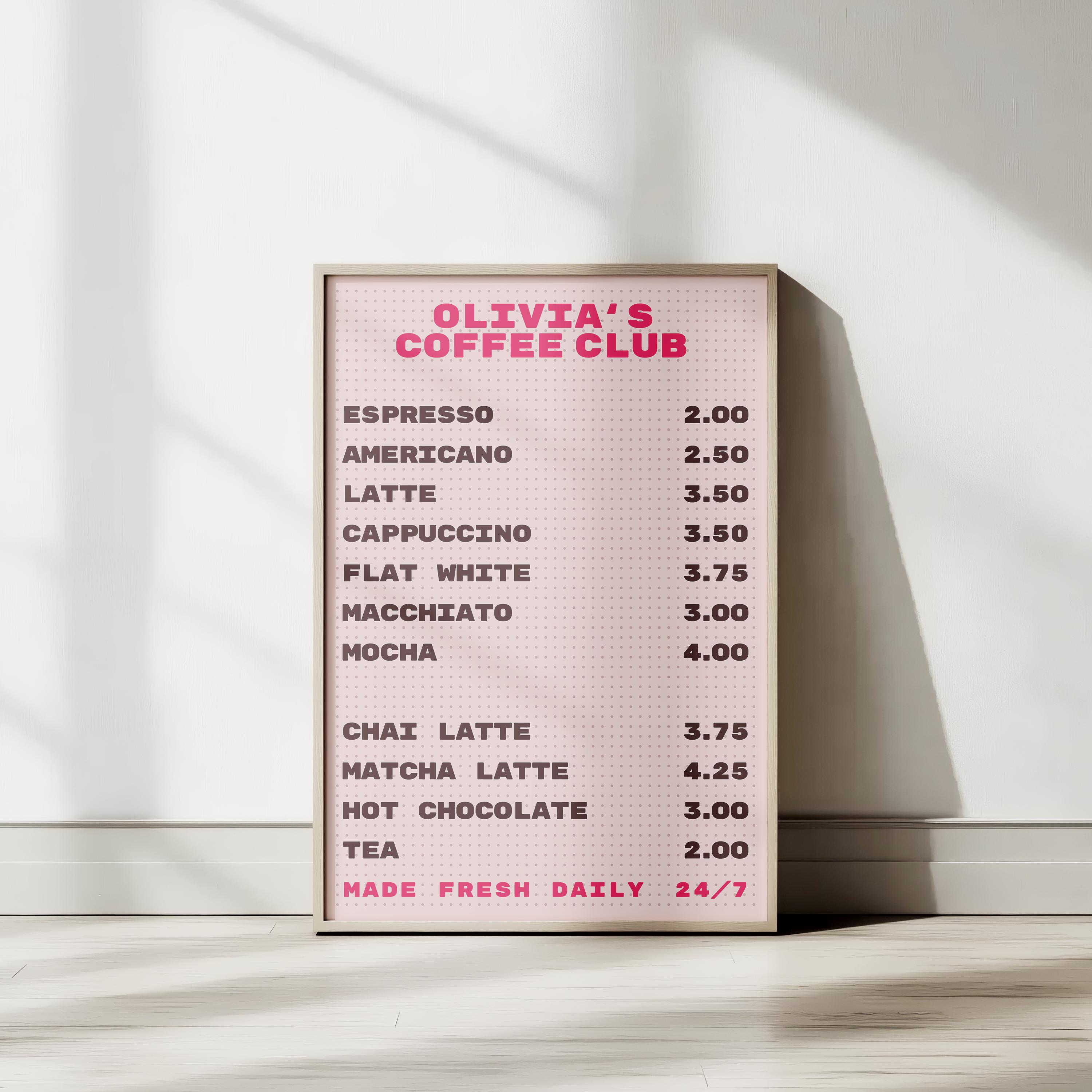 Personalised Coffee Club Menu, Peg Board Style Print Poster - Coffee ...