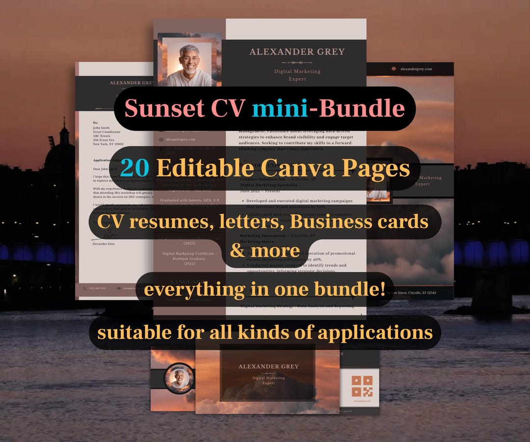 Sunset CV Mini Bundle | 20 Pages | Editable Canva Resume: Cover Letters ...