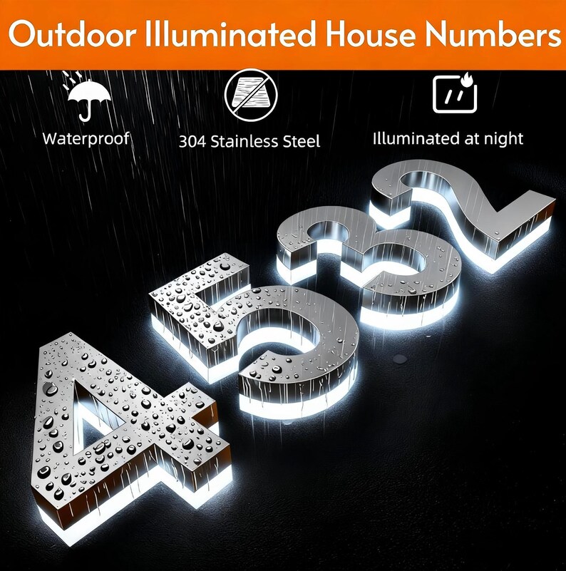 Solar Light-up House Number, Custom Address Sign, Weatherproof Metal ...