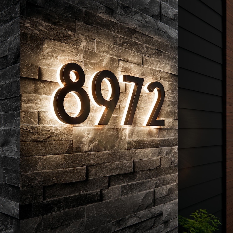 Custom Backlit LED House Numbers, Modern Solar Powered Halo Lighted ...