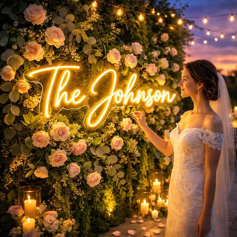 Custom Wedding Neon Sign - Personalized Last Name LED Light - Rustic ...