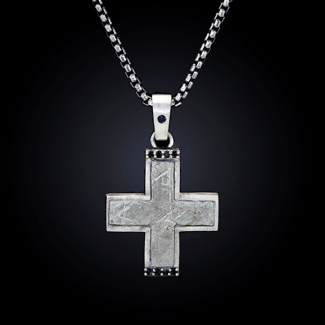 Meteorite Cross Necklace: Sterling Silver, Sapphire & Spinel Gemstones ...