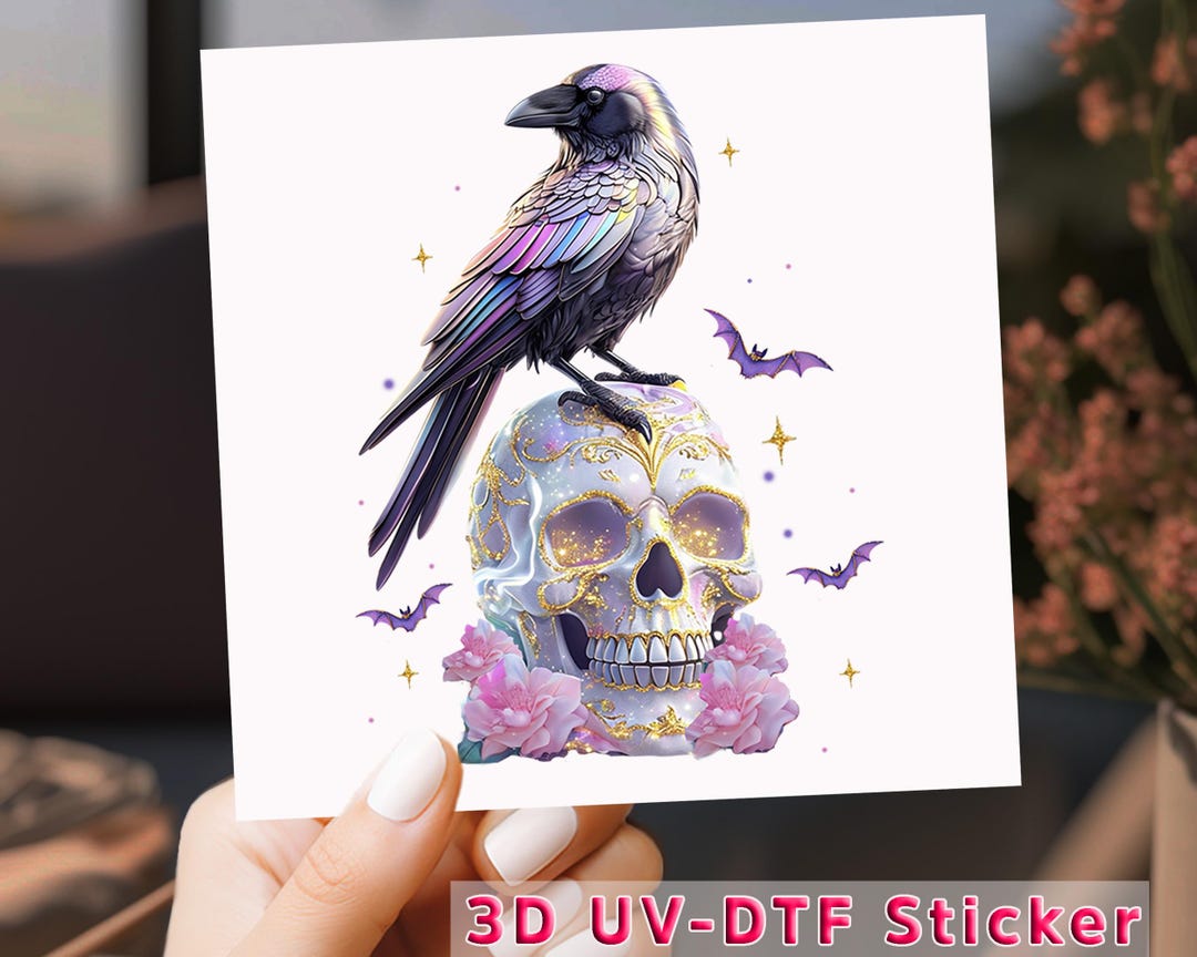 Raven Skull UV DTF Transfer, Holographic Crow, Gothic Floral Decal - Etsy