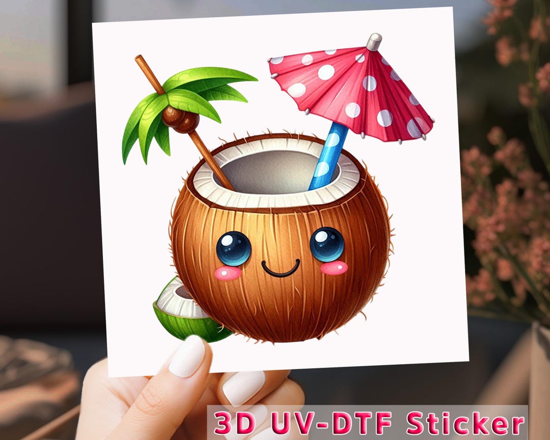 Coconut Drink Face UV DTF, Tropical Coconut Cup Design, Uv DTF Transfer ...