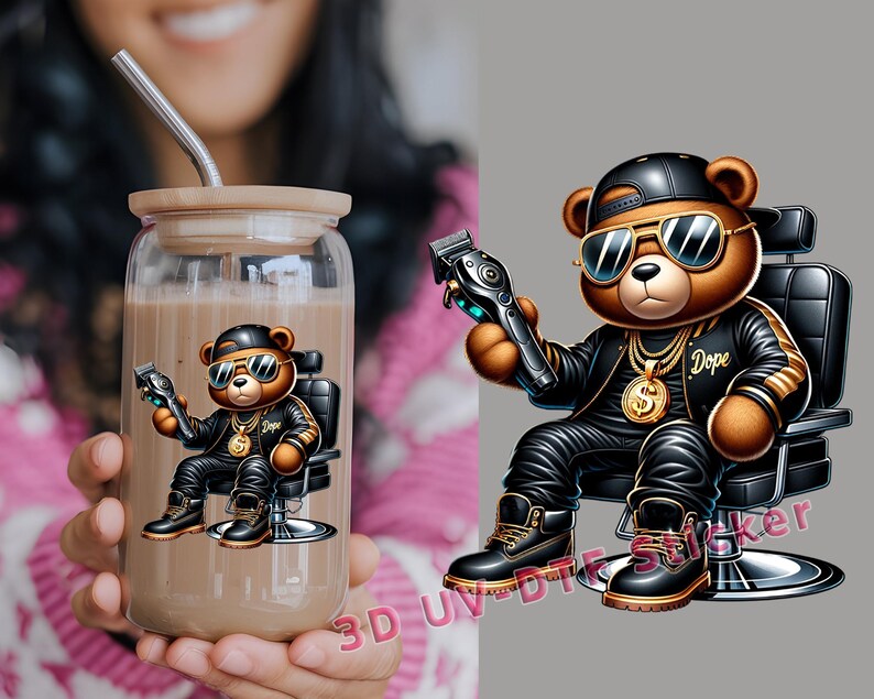 Barber Bear Sticker: Dope Gold Chain Teddy With Clipper UV DTF Transfer ...